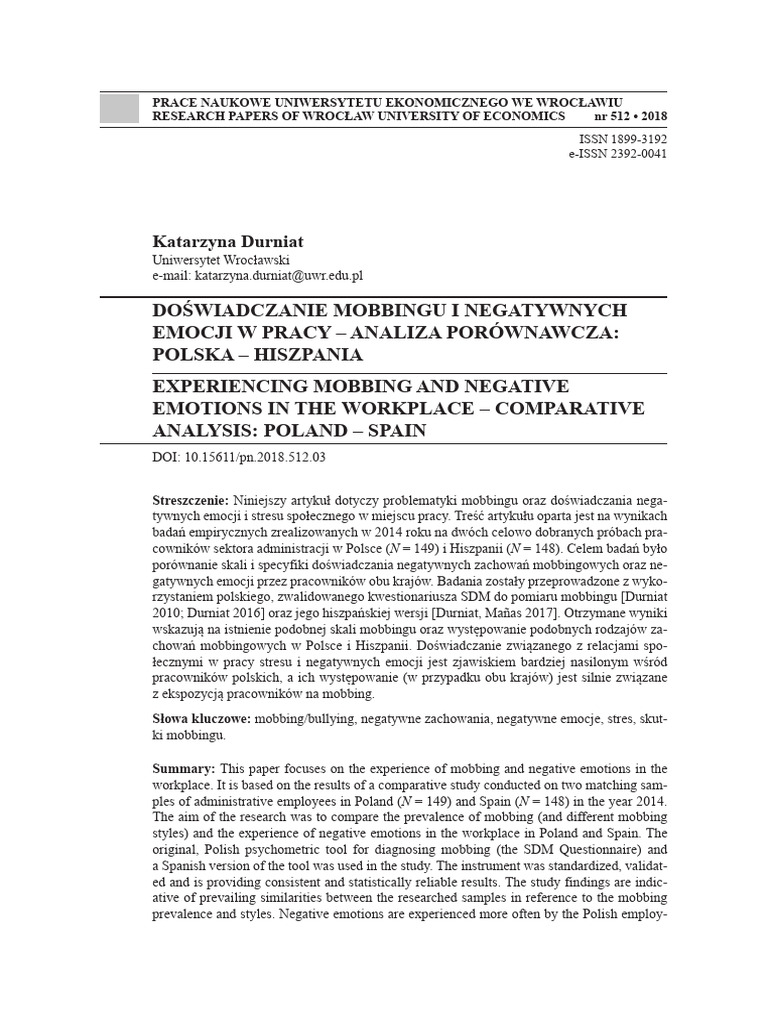 Doswiadczanie Mobbingu I Negatywnych Emocji W Prac | PDF