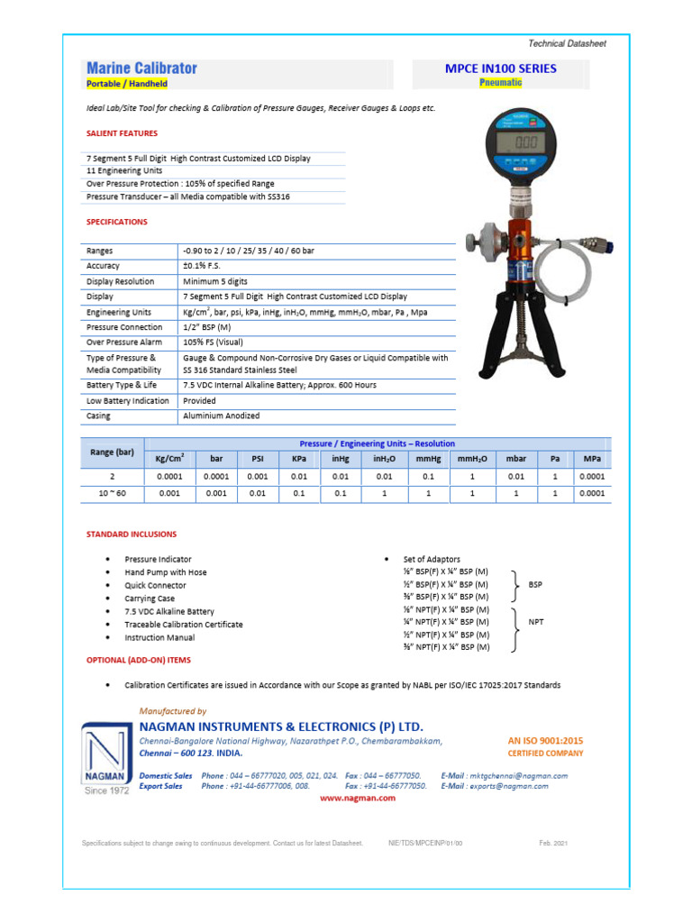 Marine-Calibrator-Pneumatic | PDF | Pascal (Unit) | Pressure Measurement