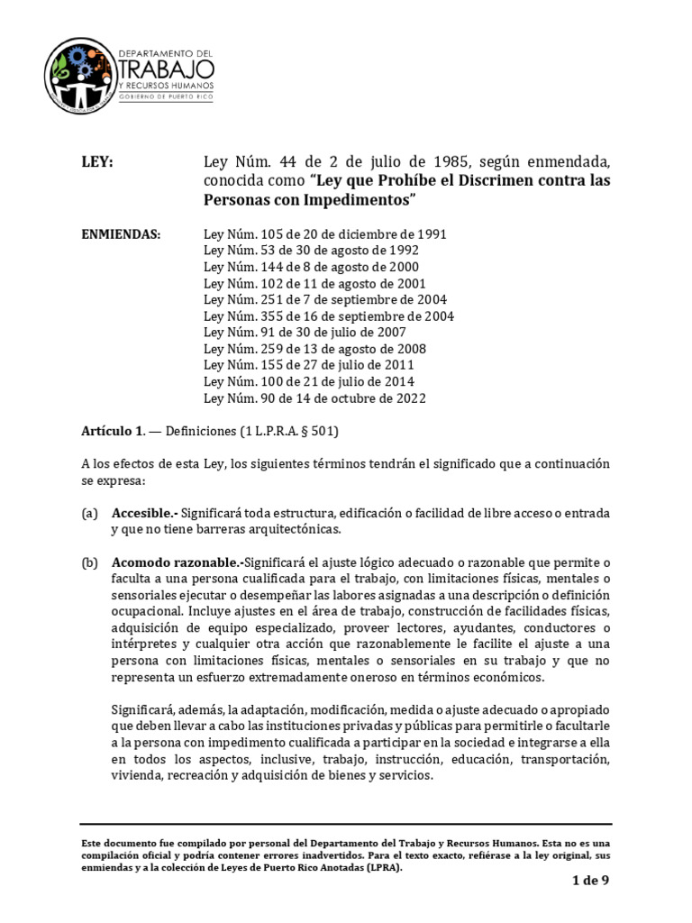 Ley 44-1985, Ley Que Prohíbe El Discrimen Contra Las Personas Con ...