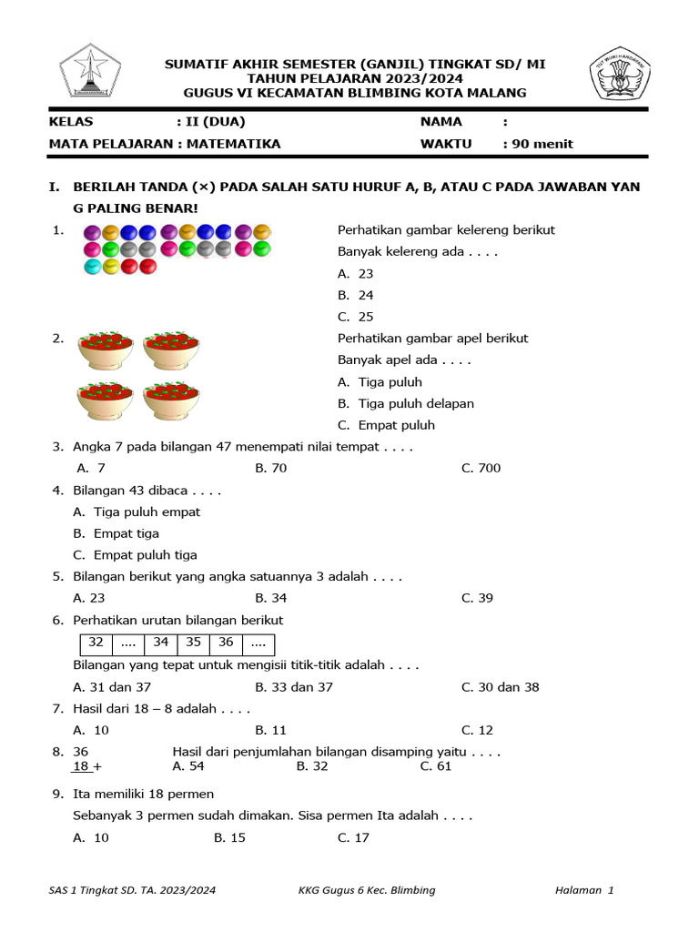 Soal Sas Matematika Semester Satu 2023-2024 Fix | PDF | Metode & Bahan Ajar