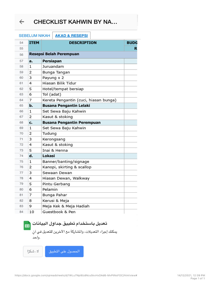 CHECKLIST KAHWIN BY NABIHA ZAIDI - XLSX - Google Drive | PDF