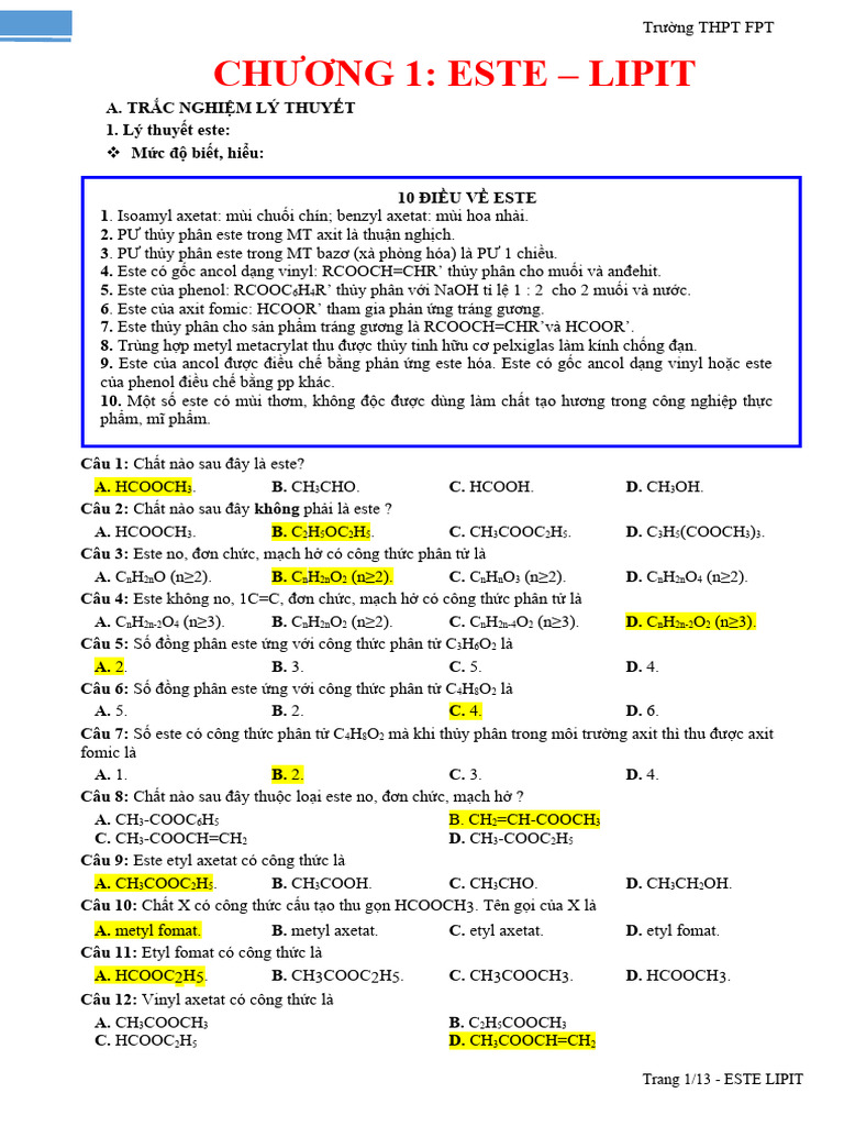 Pb. Chương 1 Este - Lipit | PDF