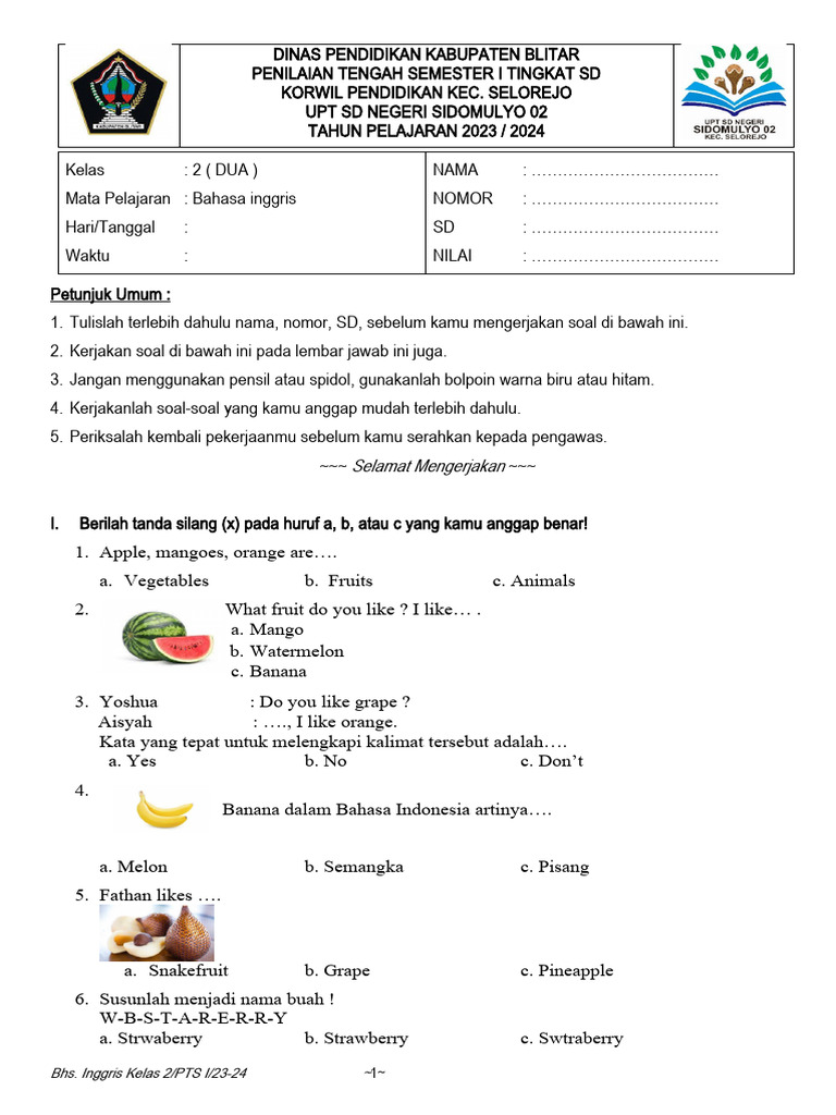 Soal Bahasa Inggris Kls 2 KUMER MULYO 02 20232024 | PDF