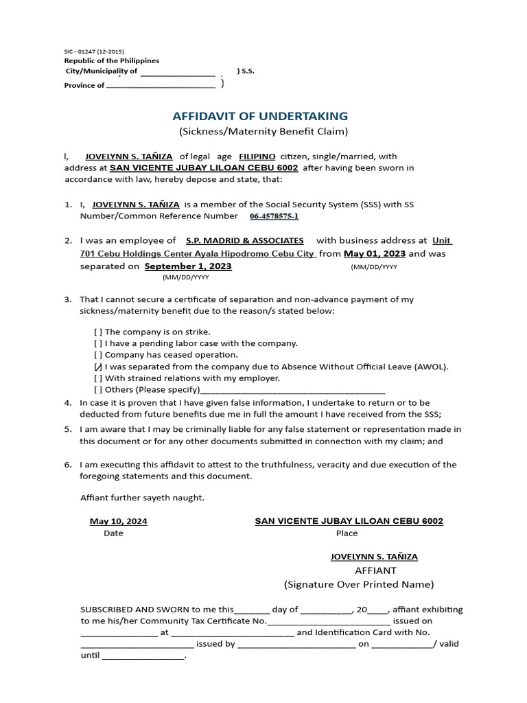 SSS Undertaking Form | PDF | Affidavit SSS Undertaking Form | PDF | Affidavit