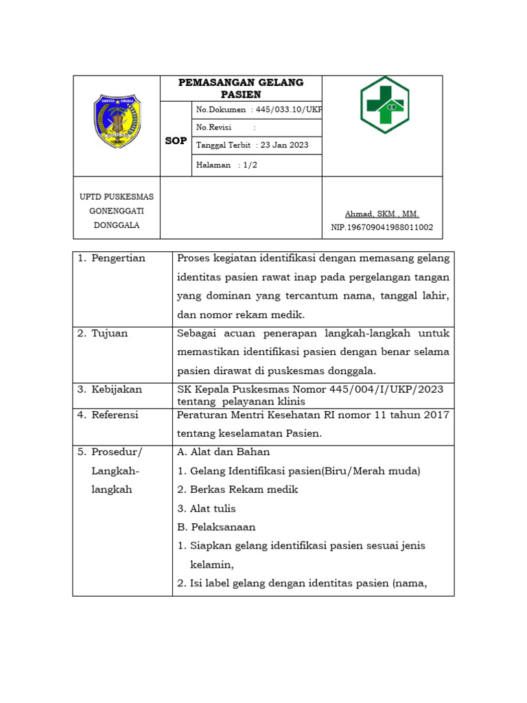 SOP - Pemasangan Gelang Pasien | PDF