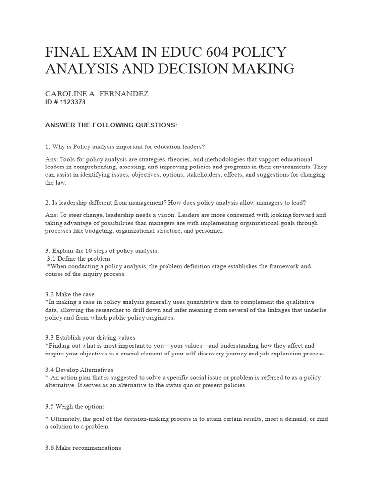 Caroline - Fernandez-Final Exam in Educ 604 Policy Analysis and Decision Making | PDF | Policy ...