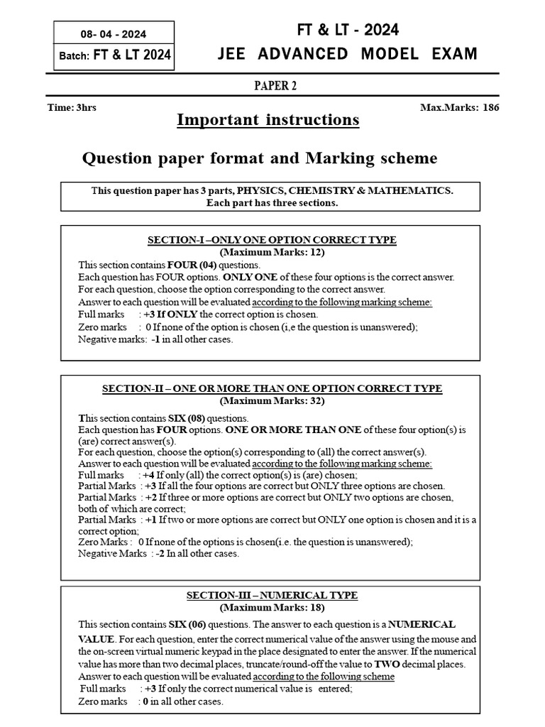 JEE ADVANCED (Paper-2) 08-04-2024 (FT-24 IIT) | PDF | Mathematics