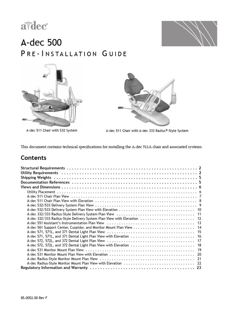 A-Dec 500: RE Nstallation Uide | PDF | Plumbing | Mains Electricity