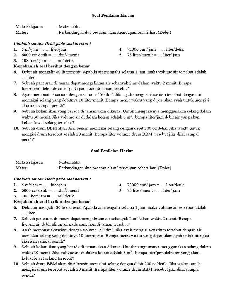 Soal Matematika Debit | PDF