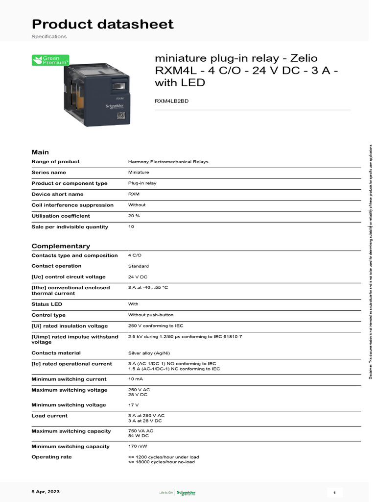 Zelio Electromechanical Relay - RXM4LB2BD | PDF | Relay | Electrical ...