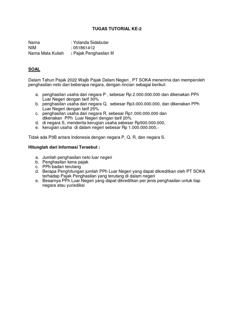 TUGAS TUTORIAL KE 2 - Pajak Penghasilan III - Yolanda Sidabutar | PDF