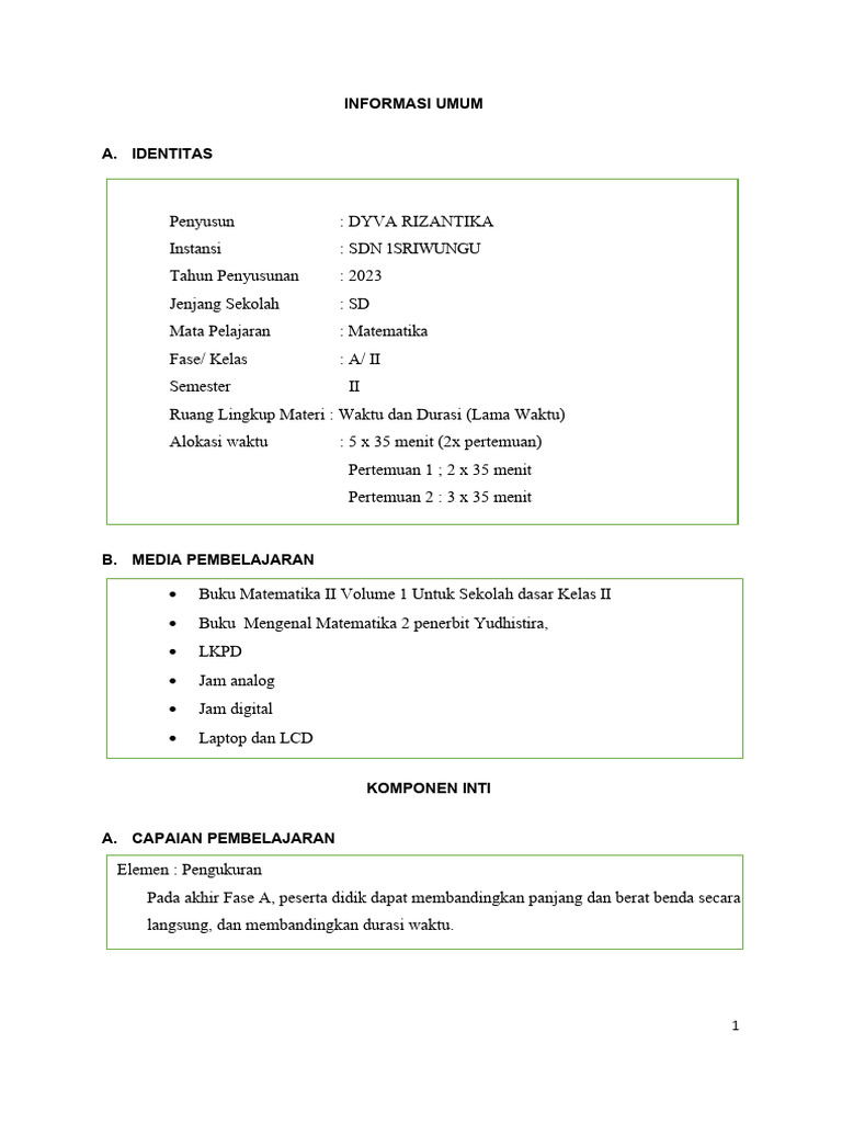 Modul Ajar Matematika - Aku Dan Waktu - Fase A | PDF | Karier & Perkembangan