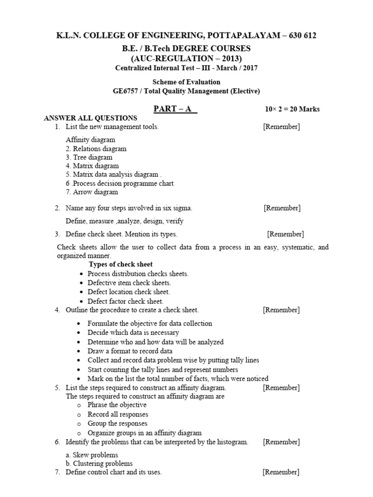 CIT - 3 TQM Key | PDF | Data Analysis | Risk