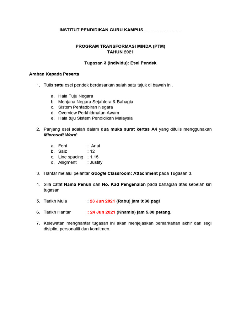 Tugasan Esei Pendek PTM Siri 3 2021 | PDF