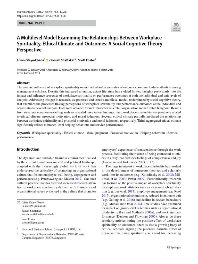 A Multilevel Model Examining The Relationships Between Workplace ...