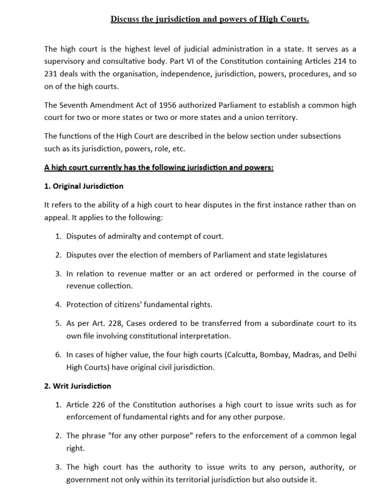 High Court Jurisdiction and Powers Explained | PDF | Jurisdiction ...
