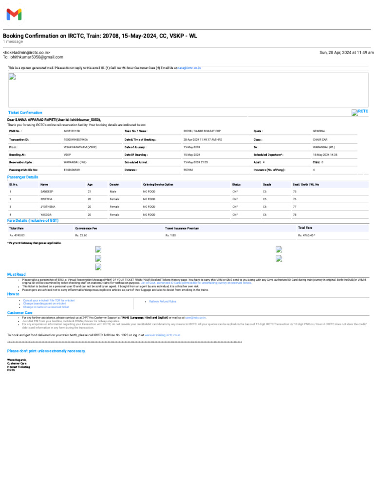 IRCTC Train Booking Confirmation Details | PDF | Service Industries
