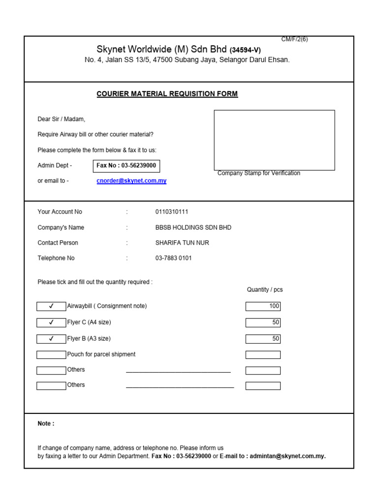 Courier Material Order Form SKYNET | PDF