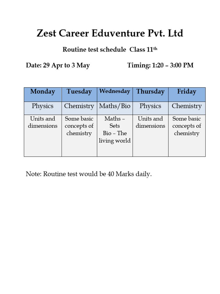 Class 11 Routine Test Schedule | PDF