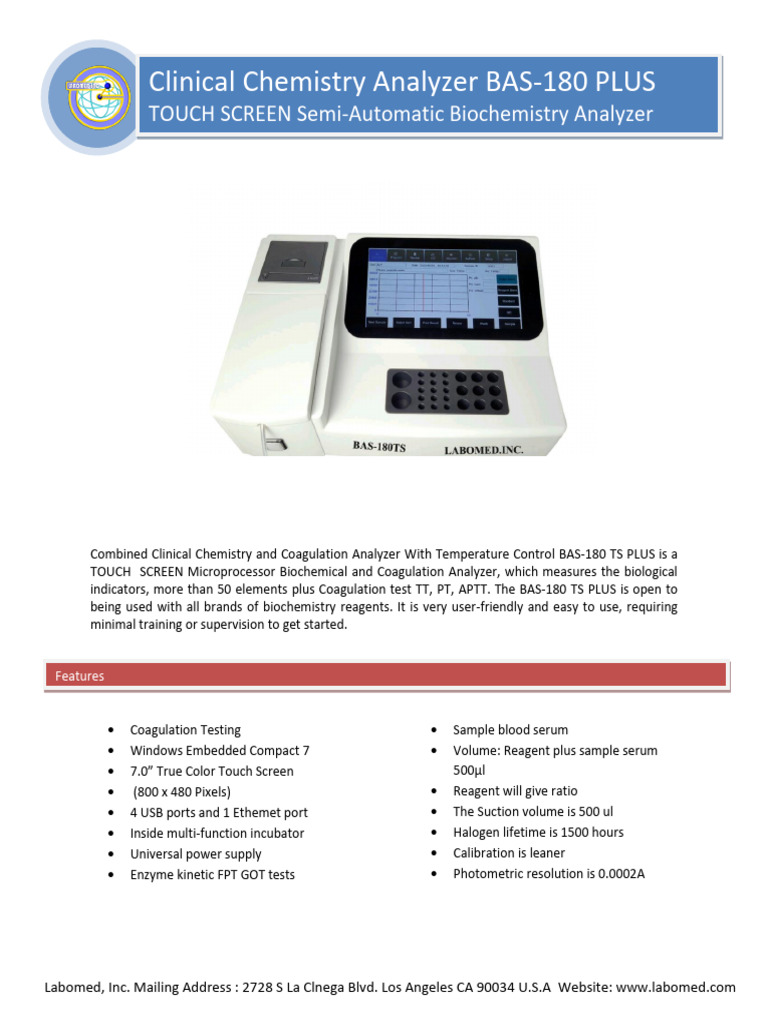 Labomed BAS 180-TS Semi Auto Bio-Chemistry Analyzer | PDF | Coagulation