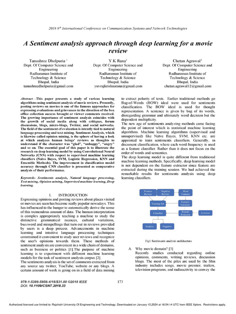 A Sentiment Analysis Approach Through Deep Learning For A Movie Review