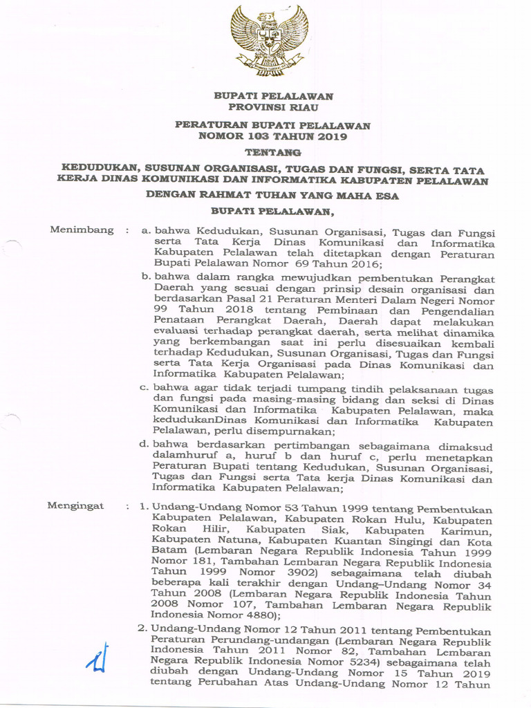 Perbub No 103 TH 2019 TTG SOTK Kominfo | PDF
