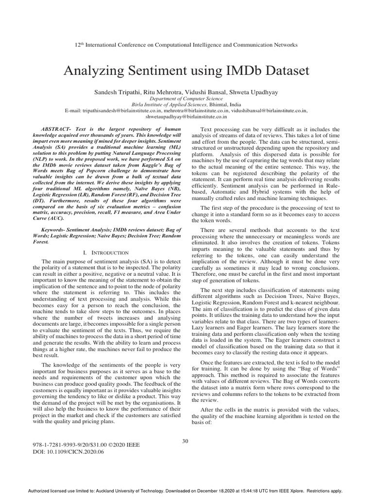 Analyzing Sentiment Using IMDb Dataset | PDF | Statistical Classification | Machine Learning