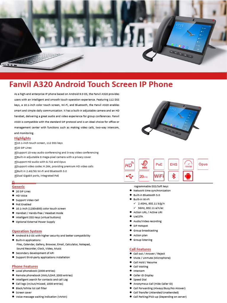 Fanvil A320 Datasheet | PDF | Bluetooth | Videotelephony