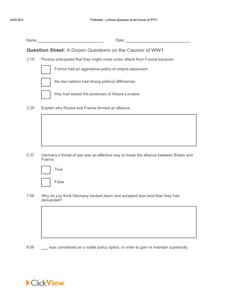 Worksheet - A Dozen Questions On The Causes of WW1 | PDF