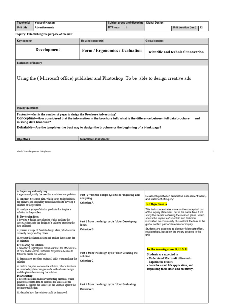 MYP Year 1, Advertisements | PDF | Information | Educational Assessment