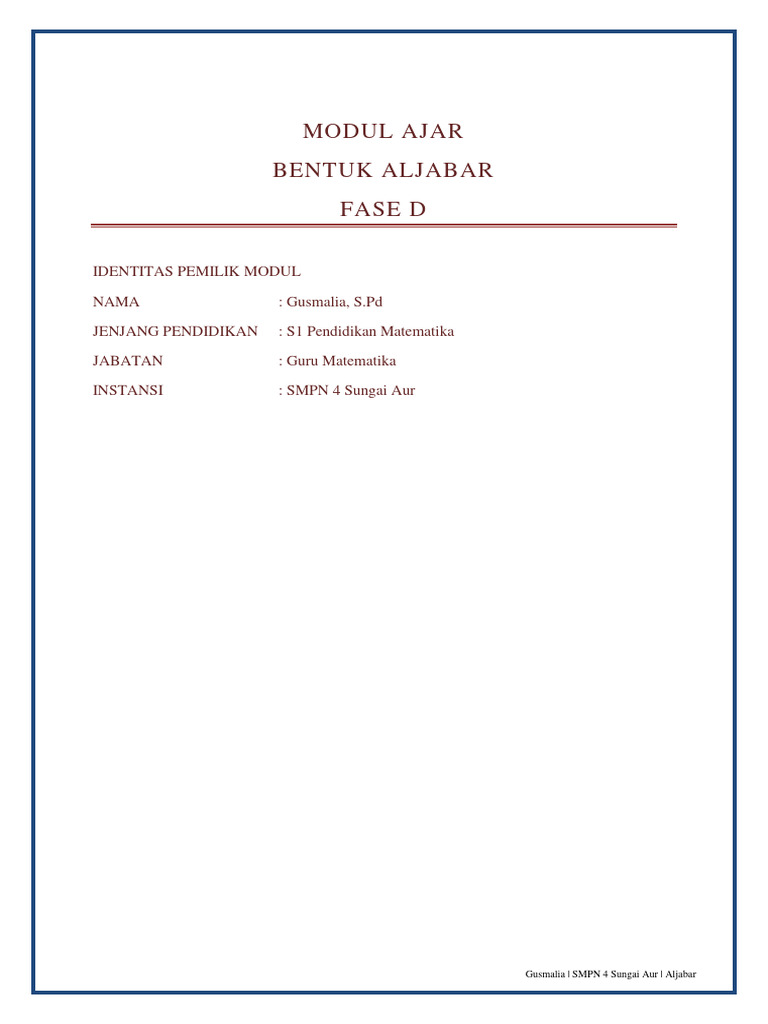 Modul Ajar Matematika - Modul Ajar - Bentuk Aljabar Fase D - Fase D | PDF