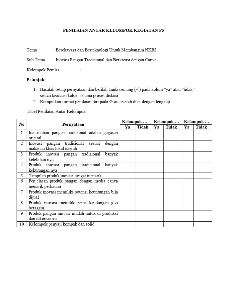 Penilaian Inovasi Pangan P5 | PDF