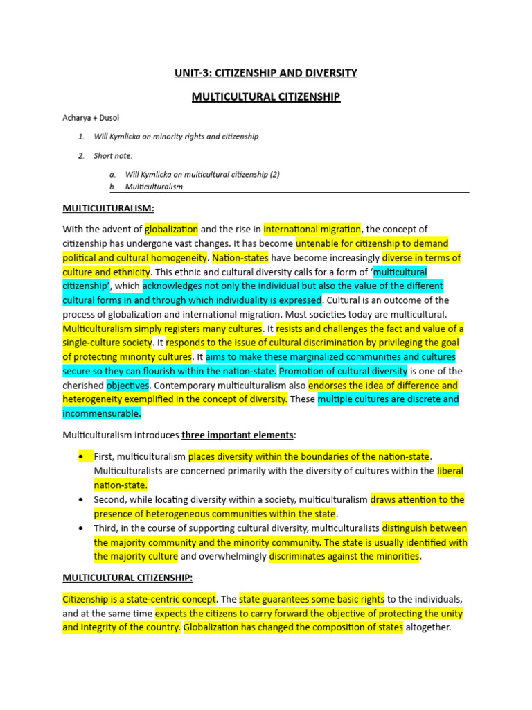 Multicultural Citizenship Explained | PDF | Multiculturalism | Minority ...