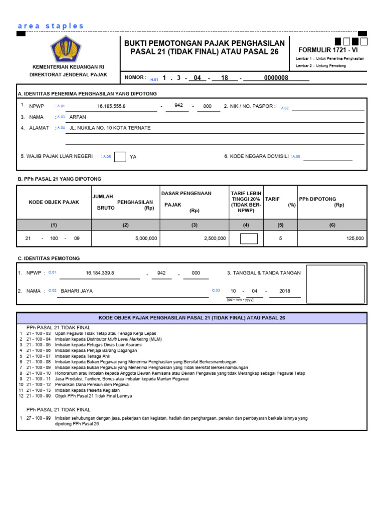 SPT PPH 21 Dan Bukti Potong LATSOL | PDF