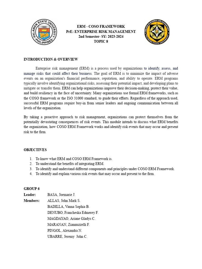 COSO Framework for Enterprise Risk Management | PDF | Strategic ...