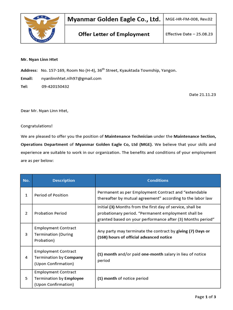 Nyan Linn Htet - Job Offer Letter - Rev-02 | PDF | Employment | Salary