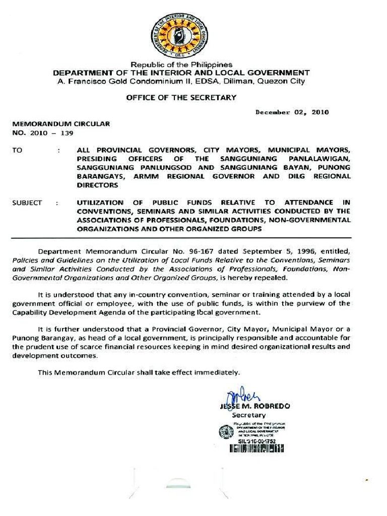 DILG Memorandum Circular No. 2010-139 | PDF