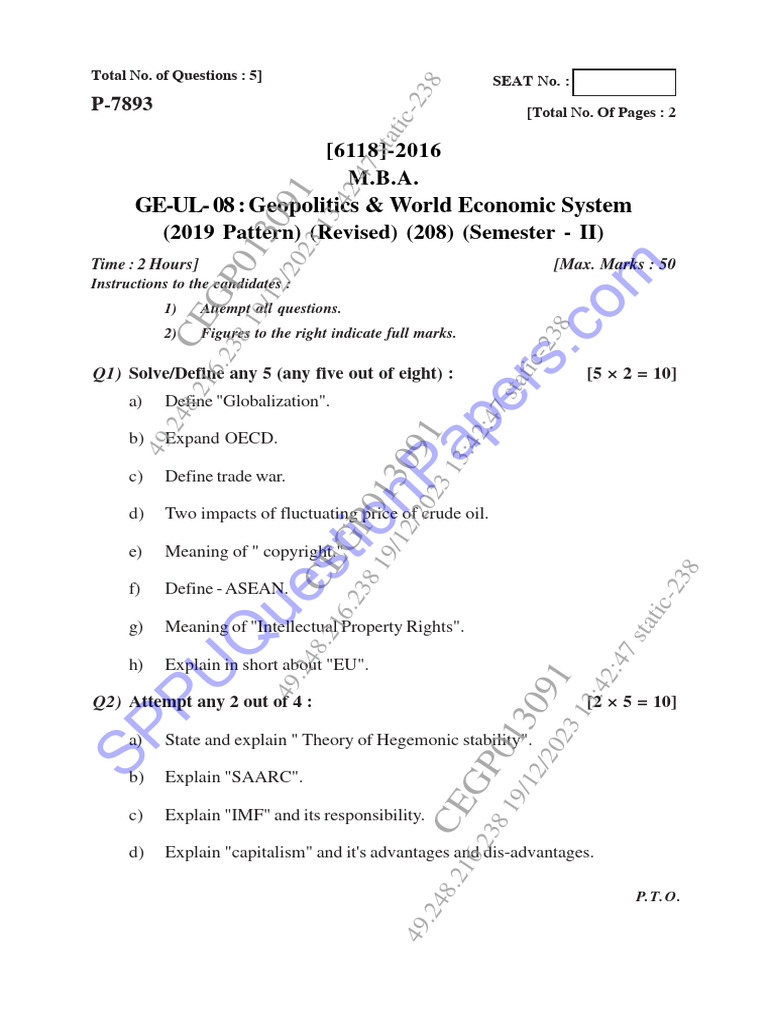 Postgraduate PG Mba Semester 2 2023 November Geopolitics World Economic Systems Pattern 2019 ...