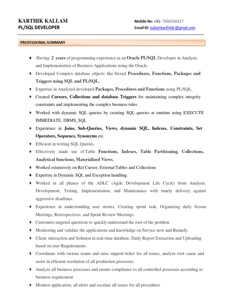 Karthik Resume Pdf Sql Pl Sql