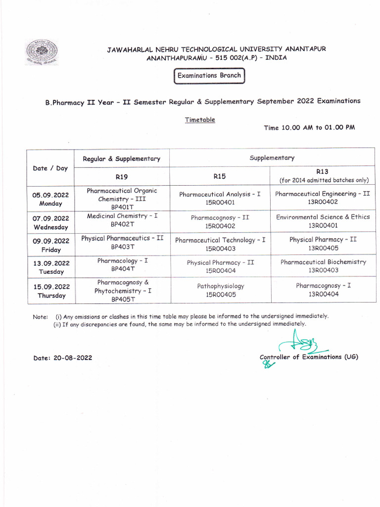 Timetables for B.pharm II II Sep 2022 Exams 1 | PDF