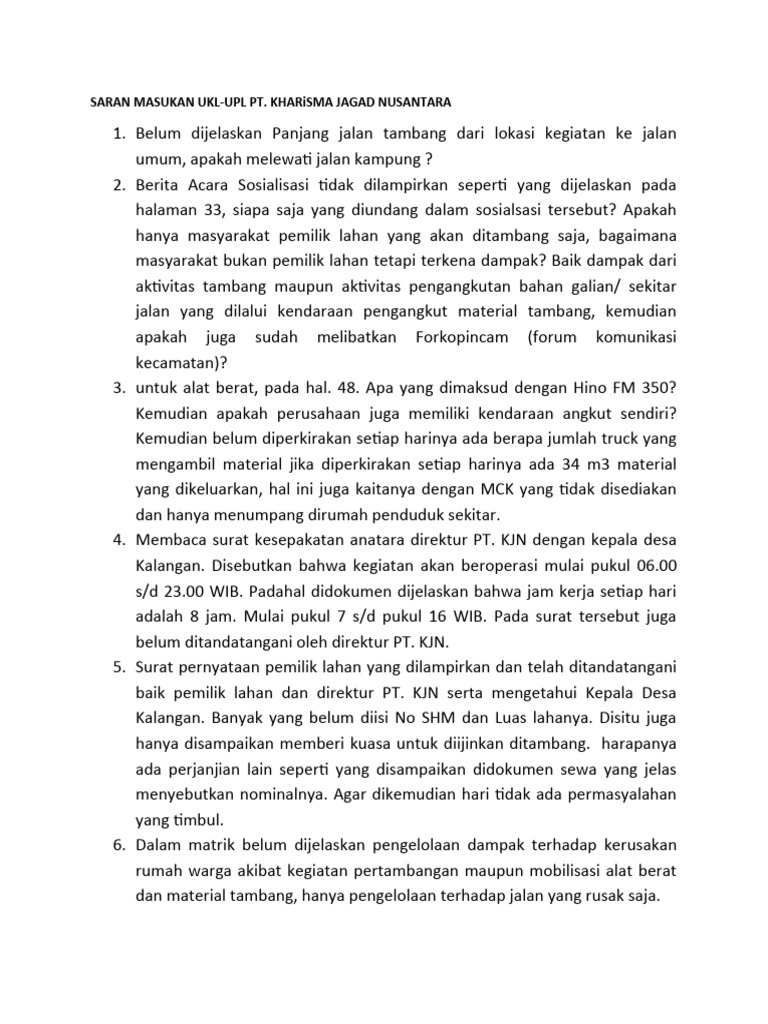 SARAN MASUKAN UK-UPL Tambang | PDF