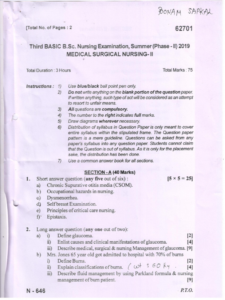 3rd BBSc. Med - Sur.Nsg.-II Summer-Q.Papers | PDF
