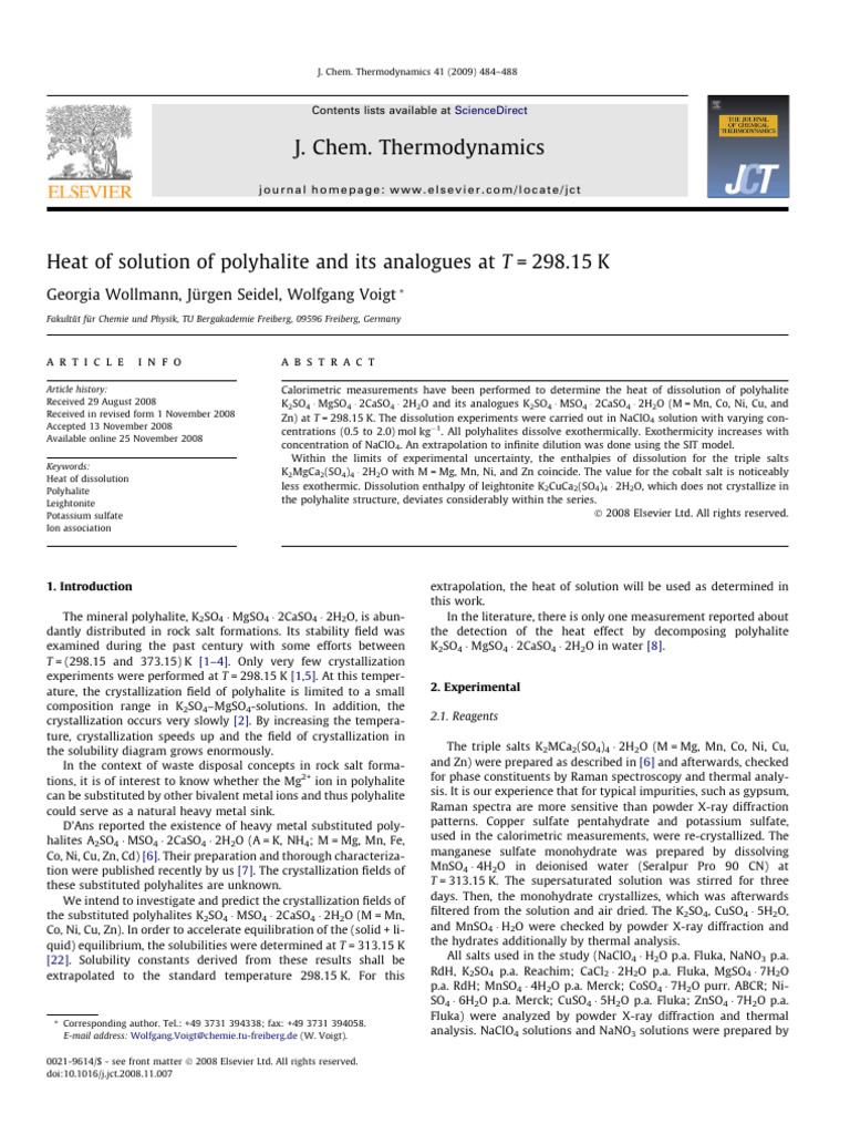 Heat of Solution of Polyhalite and Its Analogues at T 298.15 K | PDF ...