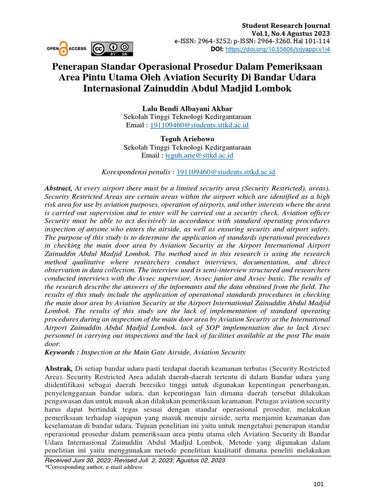 Penerapan Standar Operasional Prosedur Dalam Pemeriksaan Area Pintu Utama Oleh Aviation Security ...