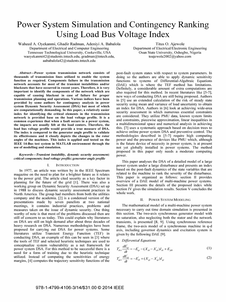 1power System Simulation And Contingency Ranking Download Free Pdf Electric Power 