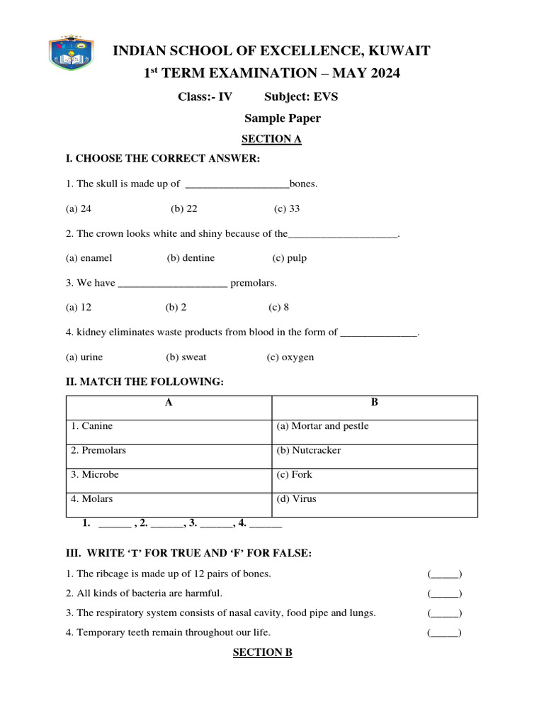 CLASS 4- TERM -I EVS SAMPLE PAPER.pdf | PDF | Tooth | Dentistry Branches