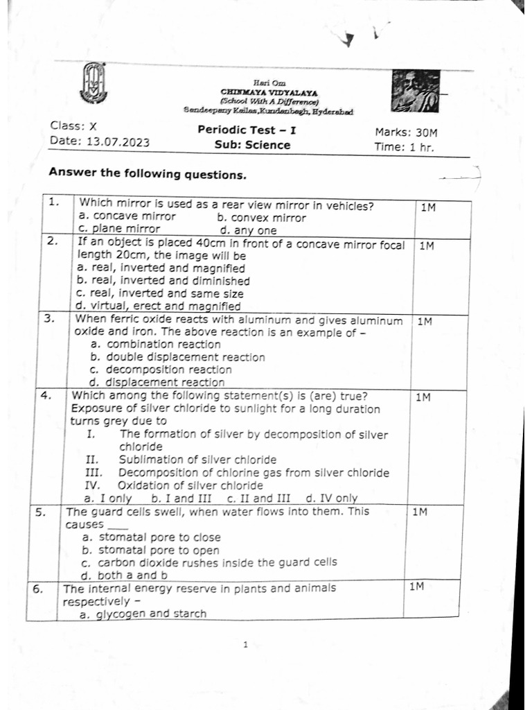 PT 1 Science Class 10 Previous Year Question Papers | PDF
