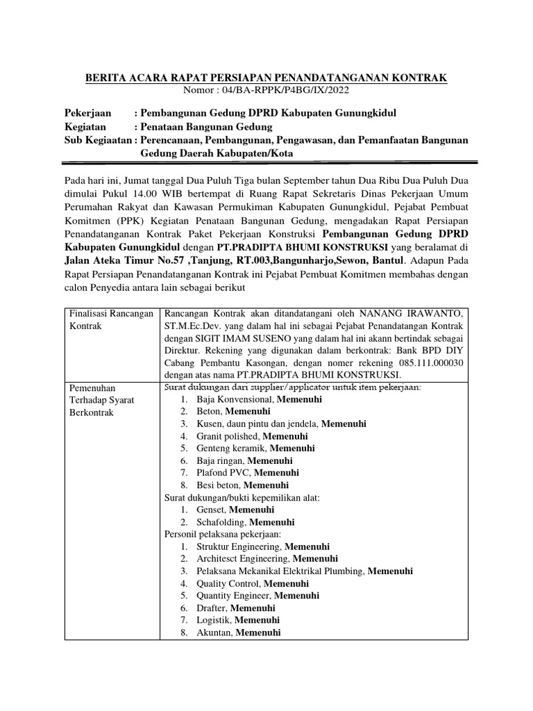 Berita Acara Rapat Persiapan Kontrak (1) | PDF
