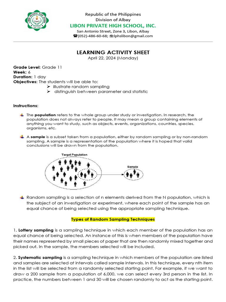Learning Activity Sheet Stats Prob 4 22 24 | PDF | Sampling (Statistics) | Stratified Sampling