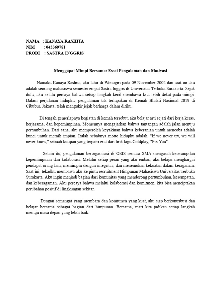 Contoh Essai - Kanaya Rashita | PDF